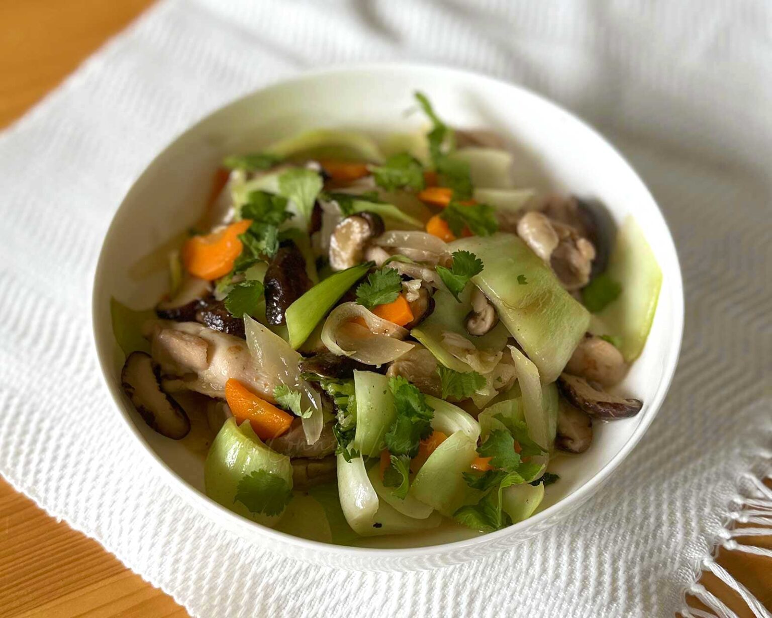 Chicken, shiitake and bok choy tips with Vietnamese mixed fish sauce