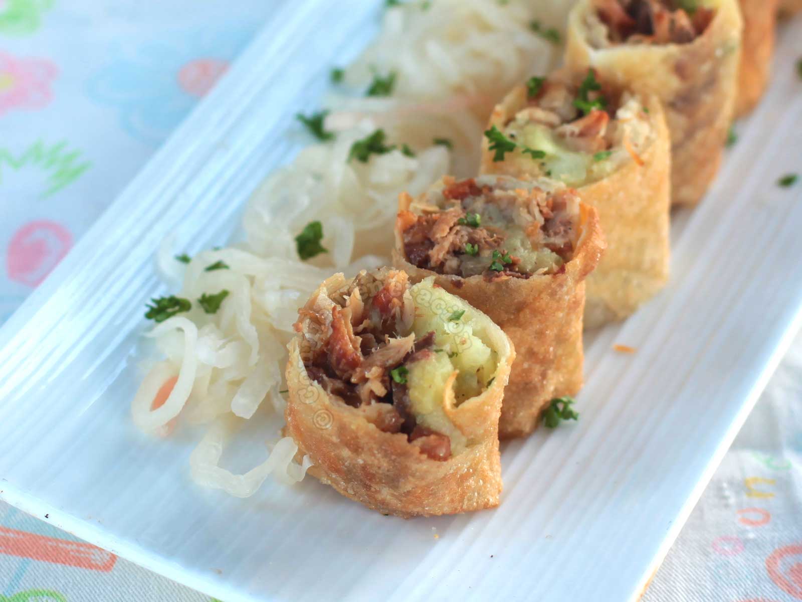 Beef brisket BBQ and mashed potato spring rolls