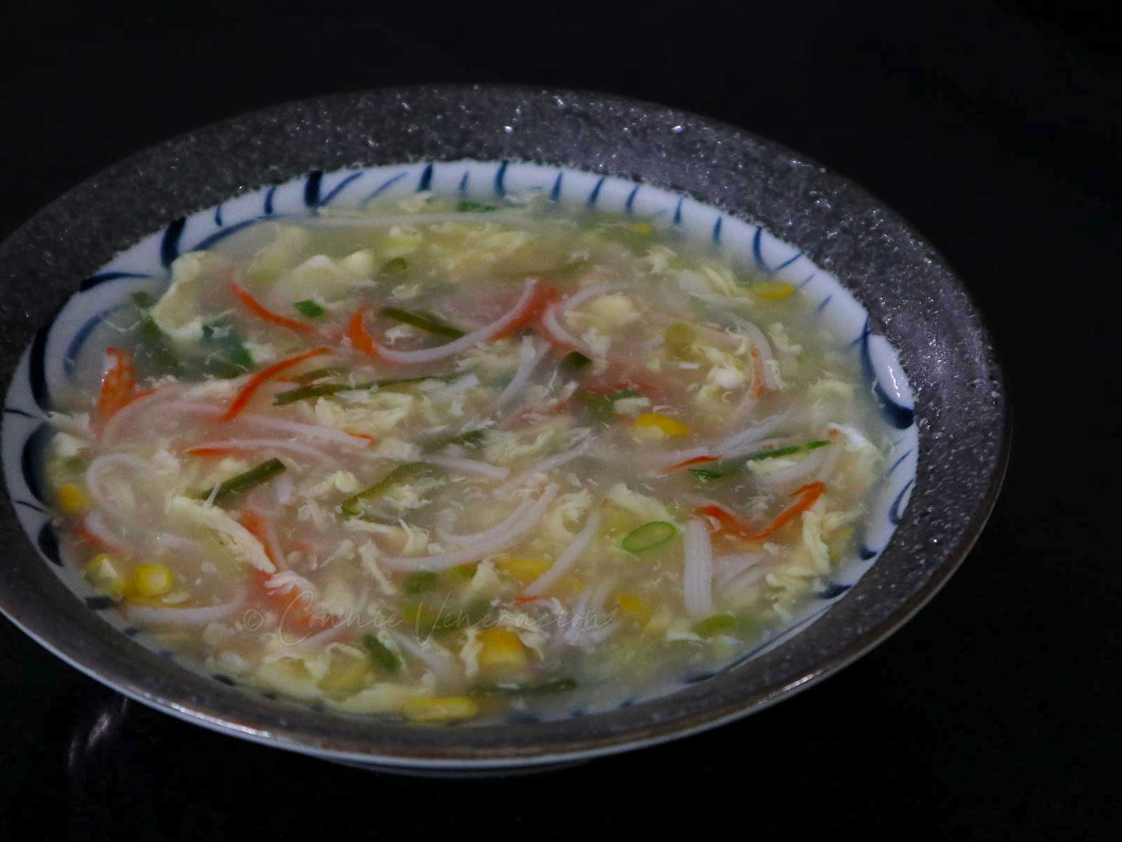 Kani and corn egg drop soup